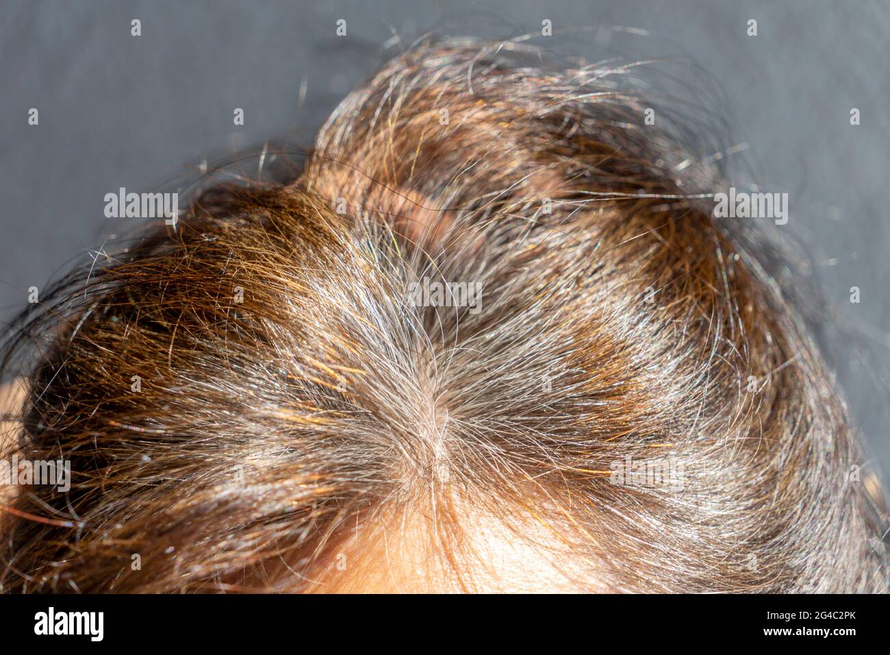 Close up of middle age caucasian woman with dark brown hair and regrown ...