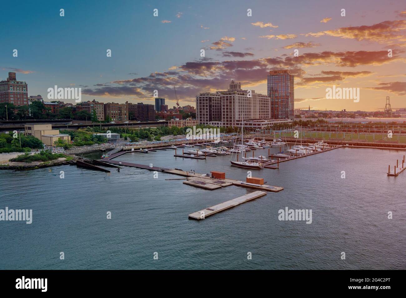 Aerial over small marina on a dock basin in small harbor, aerial view ...