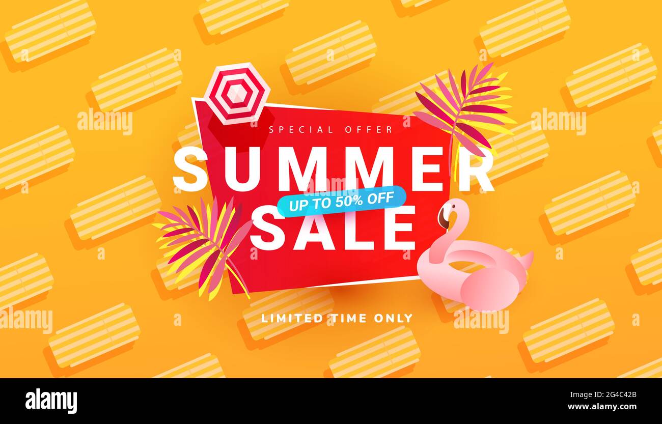 Summer sale banner template with beach accessories on bright background ...