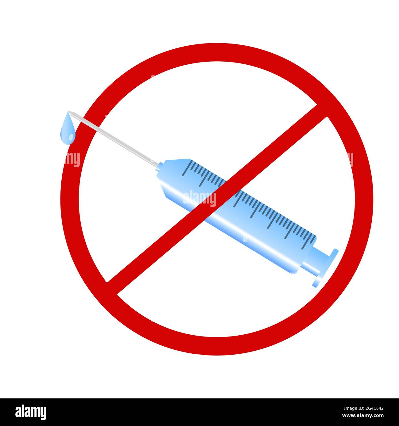 Reject vaccination. Blue syringe with droplet of antibodies in red ban ...