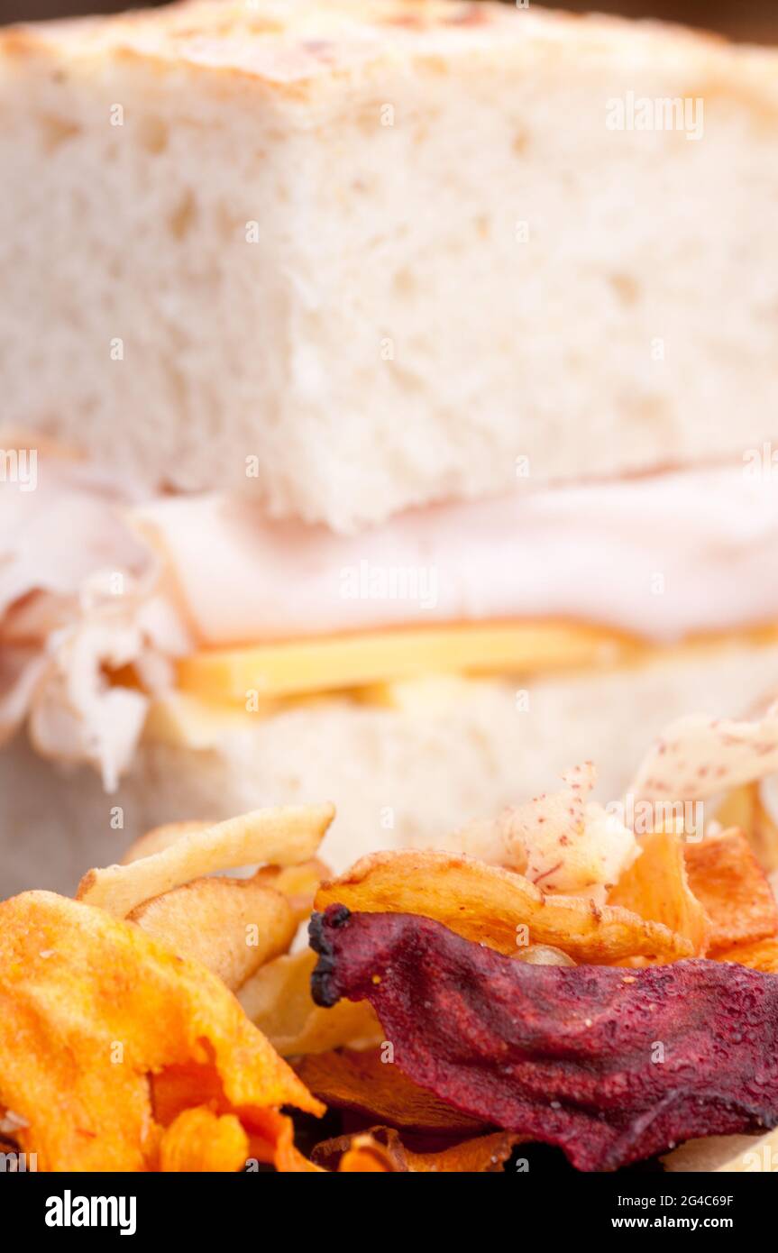 A vertical shot of vegetable chips or crisps in front of a turkey ...