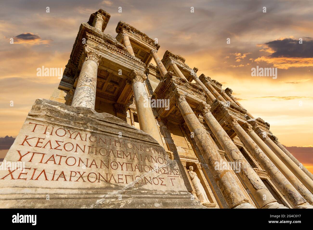 Greek inscriptions at the Celsus Library in the Roman ruins of Ephesus ...