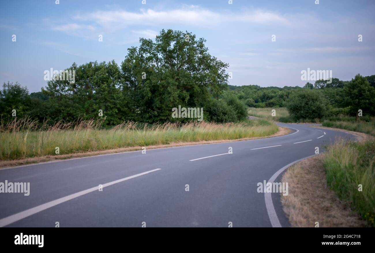 Winding road on the side of the road green grass. Paved village road on ...