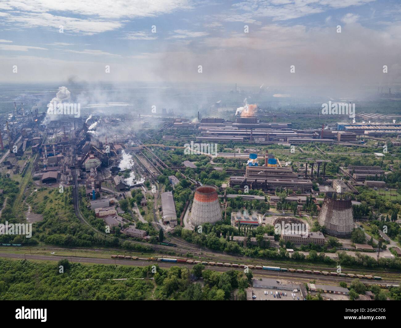 aerial view of air pollution factory smog pipes copy space Stock Photo ...