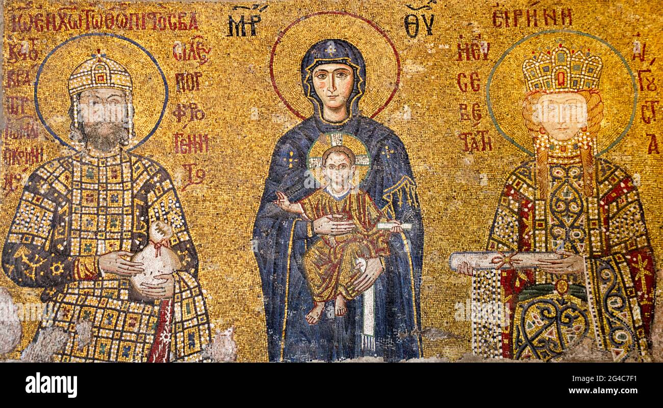 Mosaic panel representing Virgin Mary with child Jesus, Emperor ...