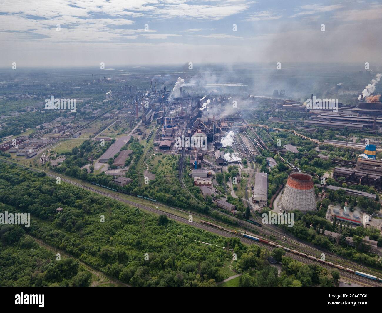aerial view of air pollution factory smog pipes copy space Stock Photo ...