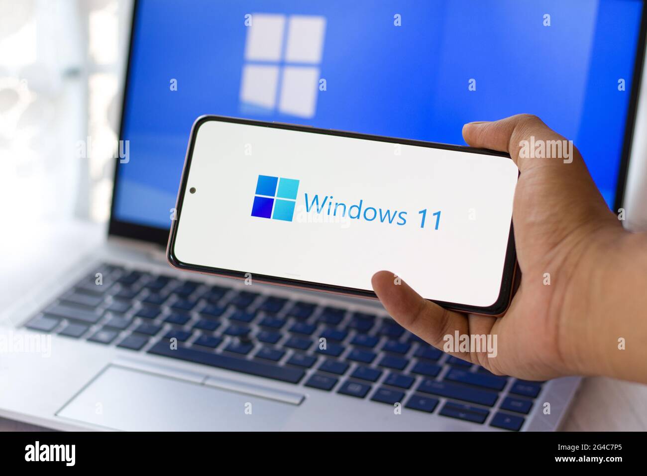 Windows 11 logo on laptop screen stock image Stock Photo - Alamy