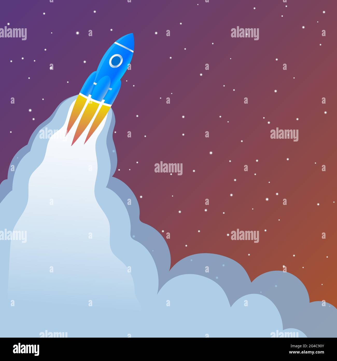 A space rocket with a window flies high to the stars. Behind it is a ...