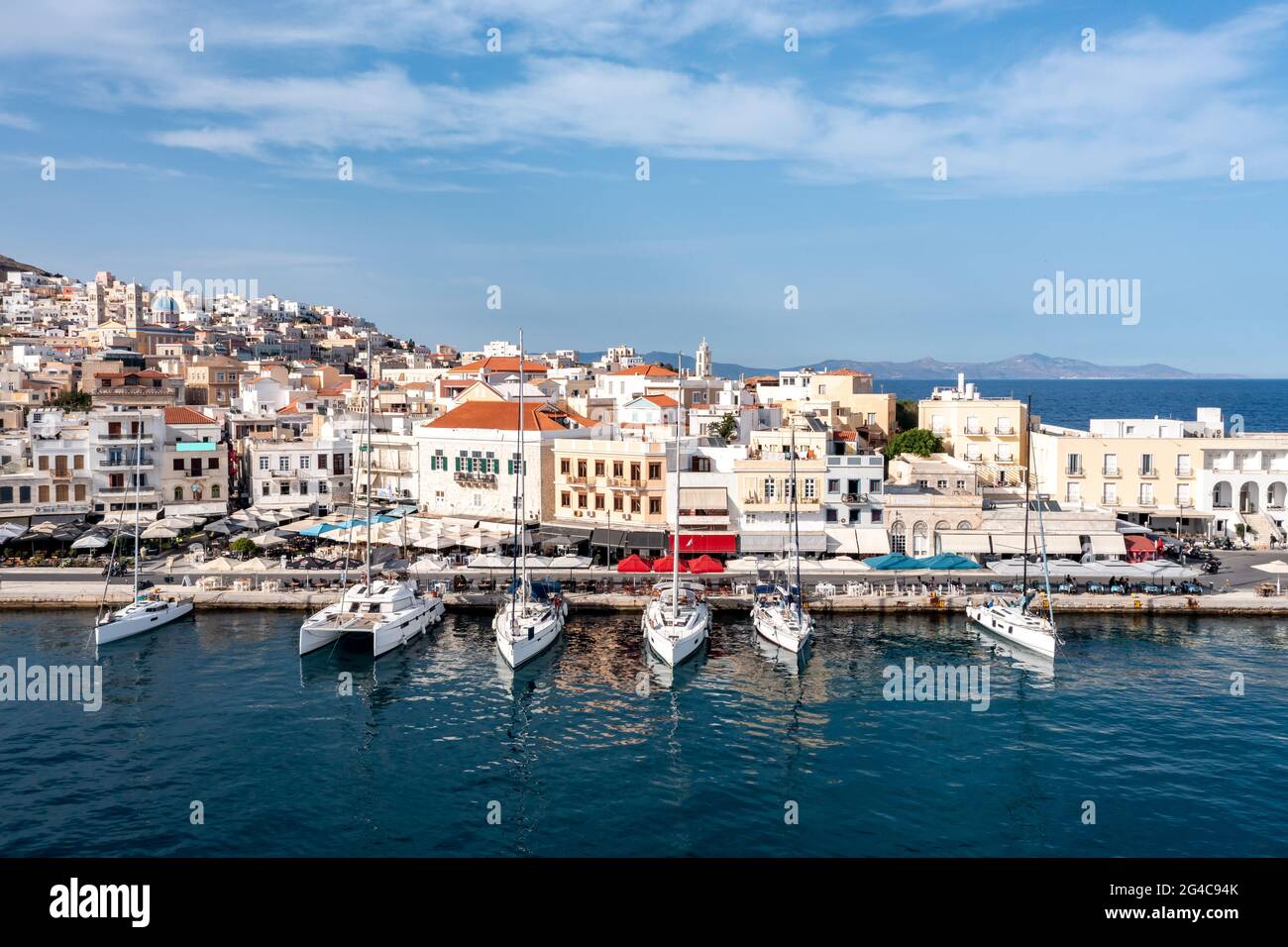 Syros island, Greece, aerial drone view. Sailboats moored at yachts ...