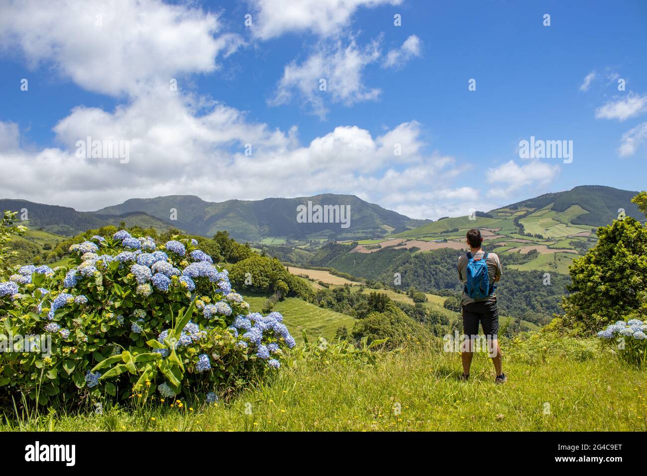 Hiking at Azores islands, travel destination, green landscape with blue ...
