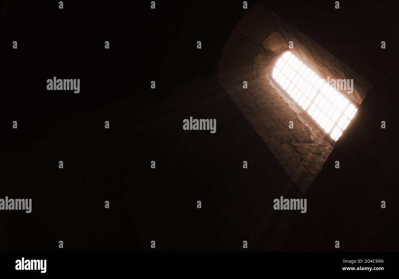 Dark church interior with glowing window, abstract religious background ...