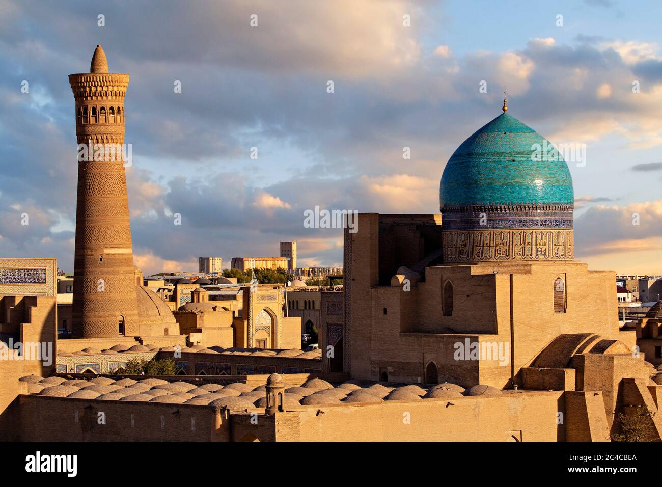 Poi Kalon Mosque and Minaret at the sunset in Bukhara, Uzbekistan Stock ...
