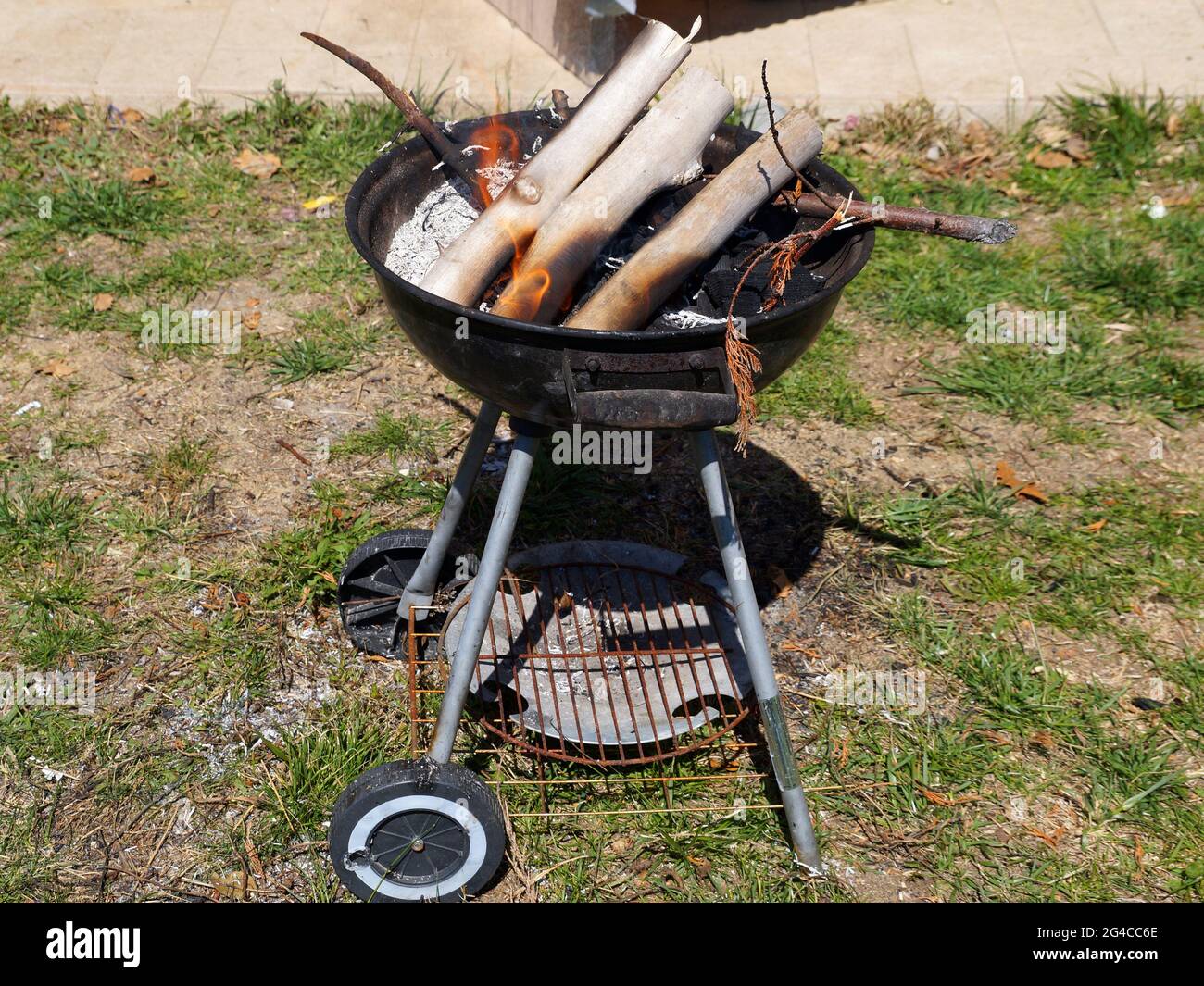 wood firewood burning in a barbecue in nature on a sunny day Stock ...
