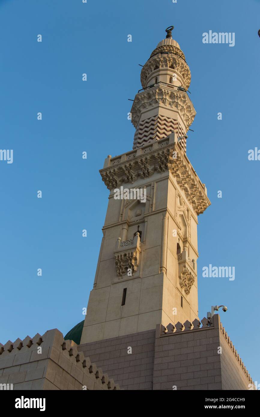The beautiful minaret of Prophet Mosque in Medina. Islamic buildings ...