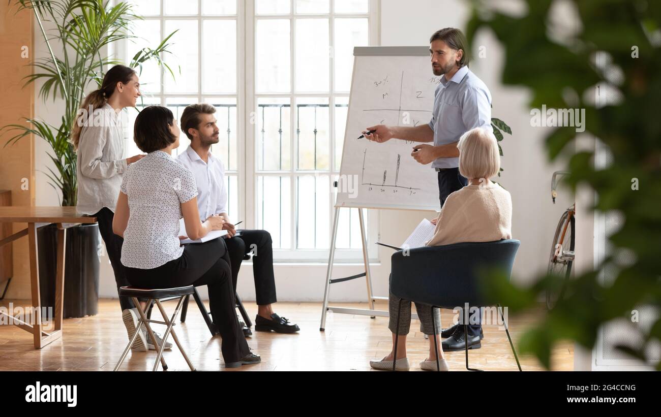 Confident businessman coach making flip chart presentation at workshop ...