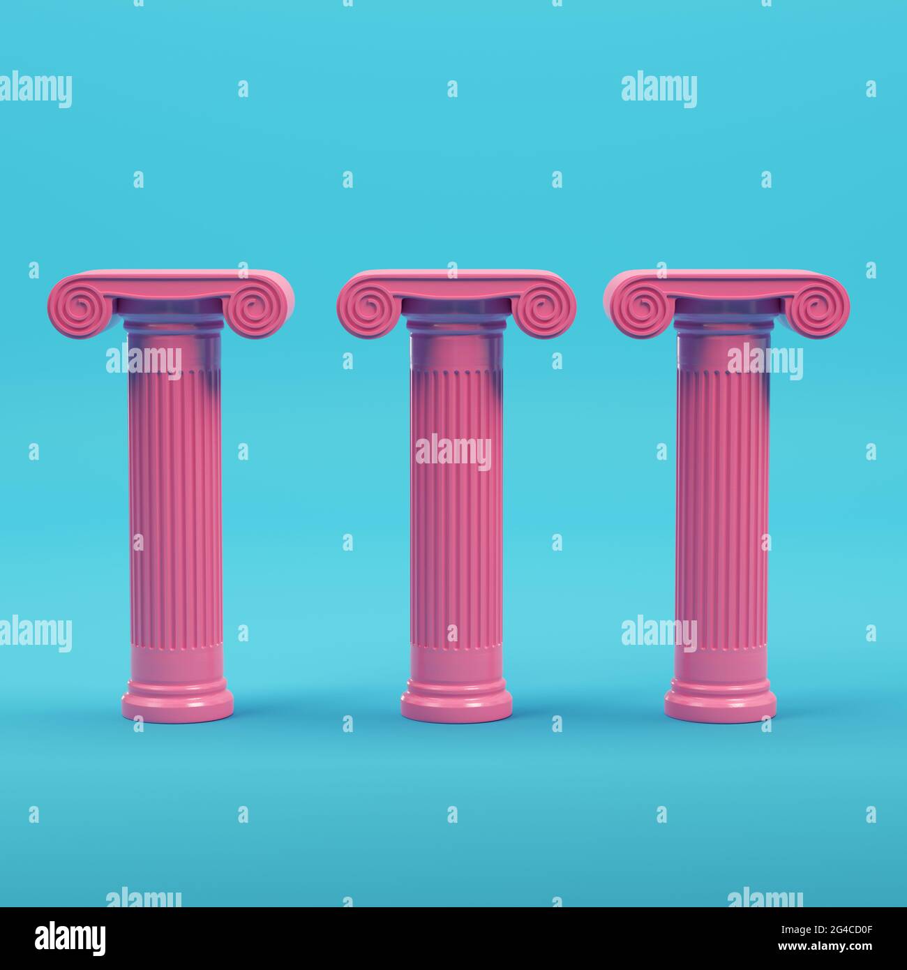 Pink three ancient columns on bright blue background in pastel colors ...
