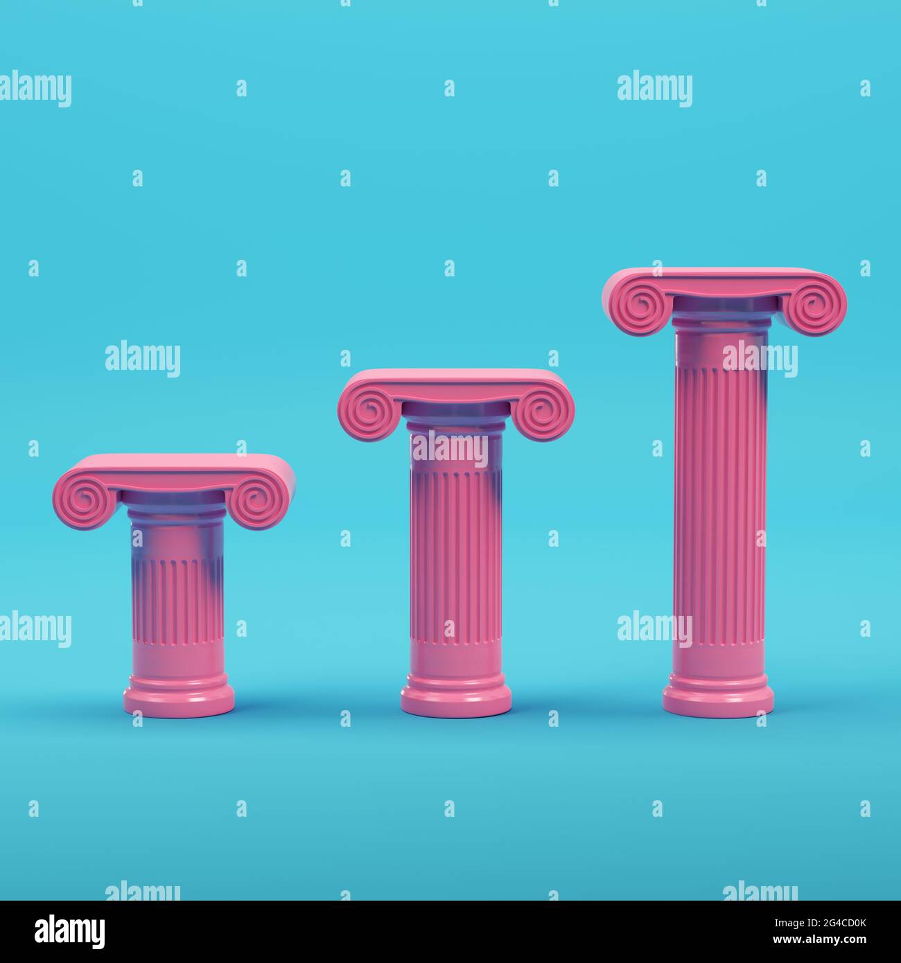 Pink three ancient columns on bright blue background in pastel colors ...