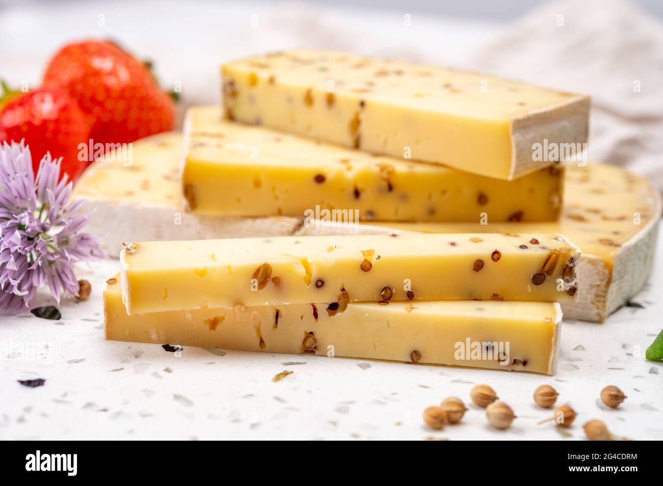 Cheese collection, matured yellow cow cheese with mustard seeds from ...