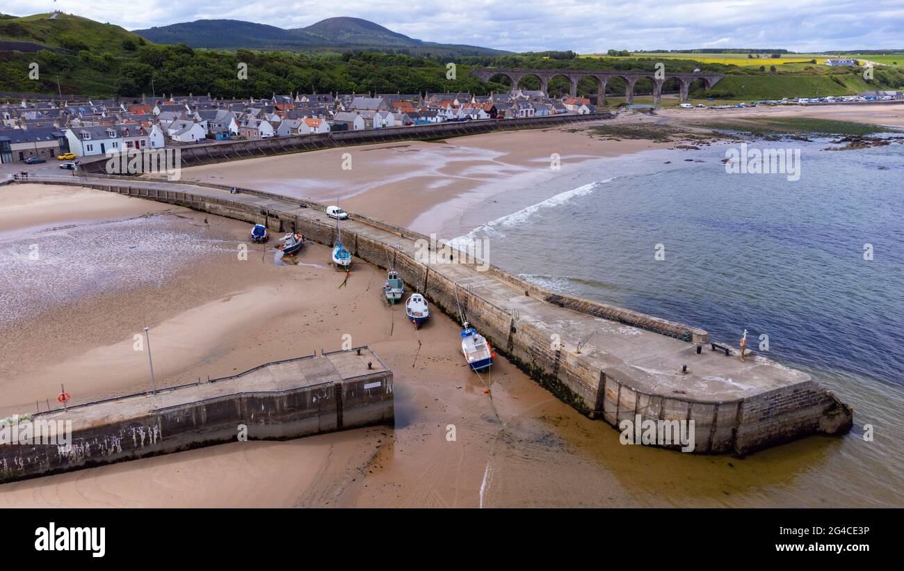 View of harbour at Cullen on Moray Firth coast in Moray, Scotland, UK ...