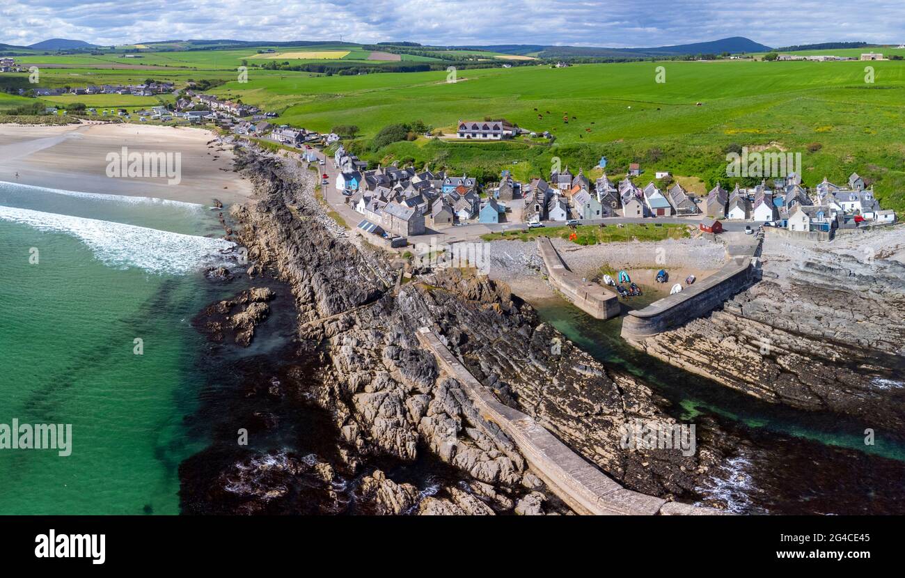 Aerial view from drone of village of Sandend on Moray Firth in ...