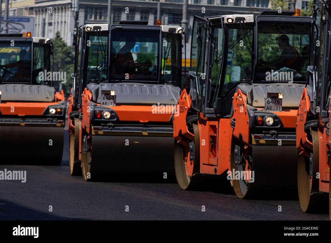 Moscow, Russia. 20th of June, 2021 Road workers are laying a new ...