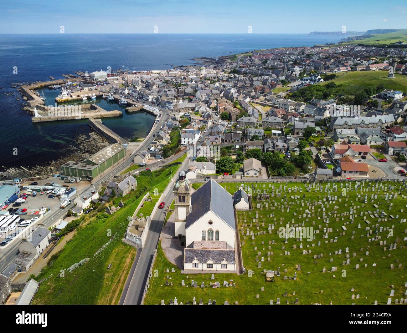 Aerial view from drone of church and town of Macduff on Moray Firth ...
