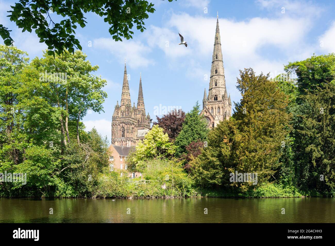 12th century Litchfield Cathedral from Minster Pool, Lichfield ...