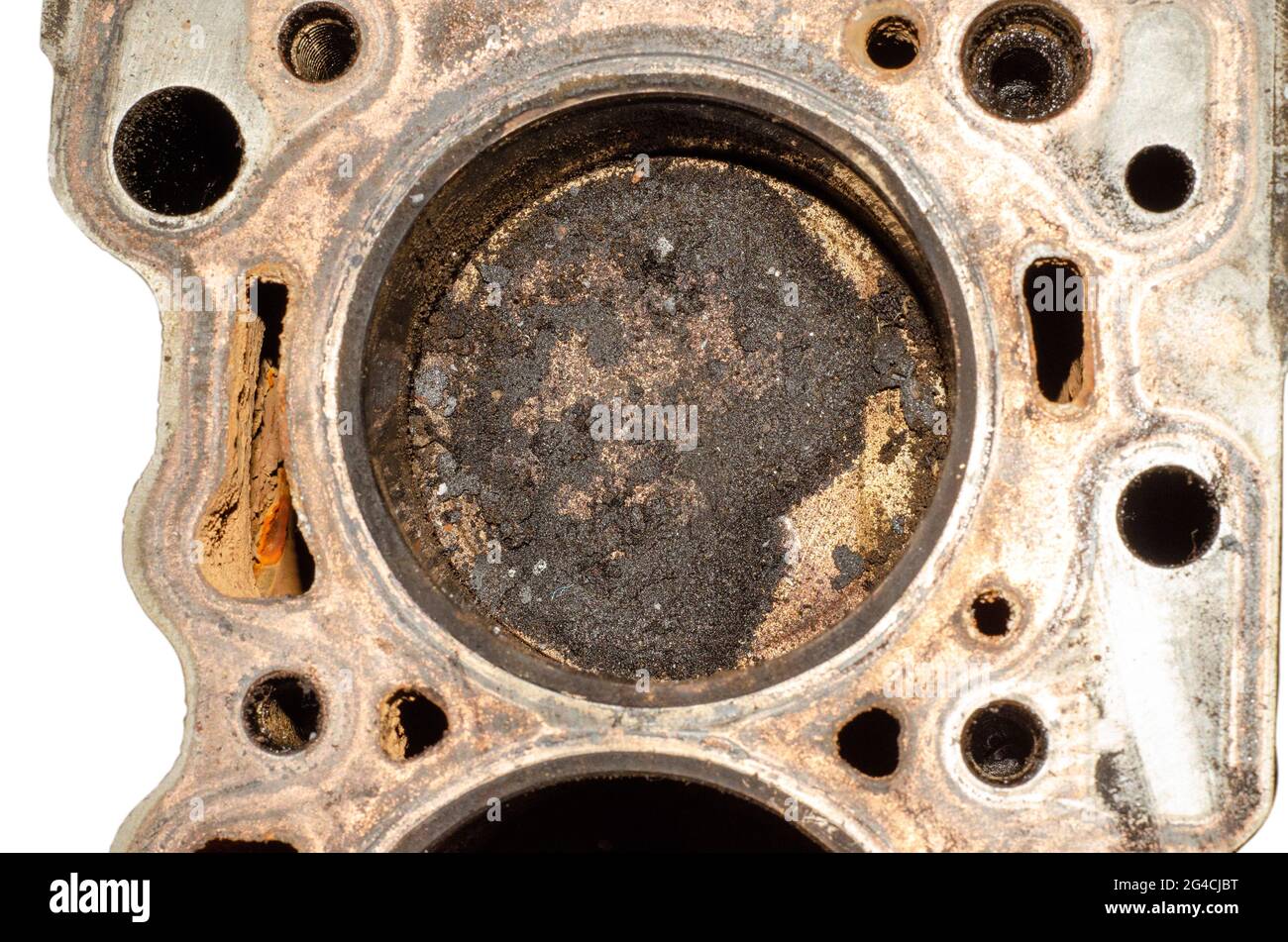 A closeup shot of rusty weathered cylinder and piston isolated on white ...