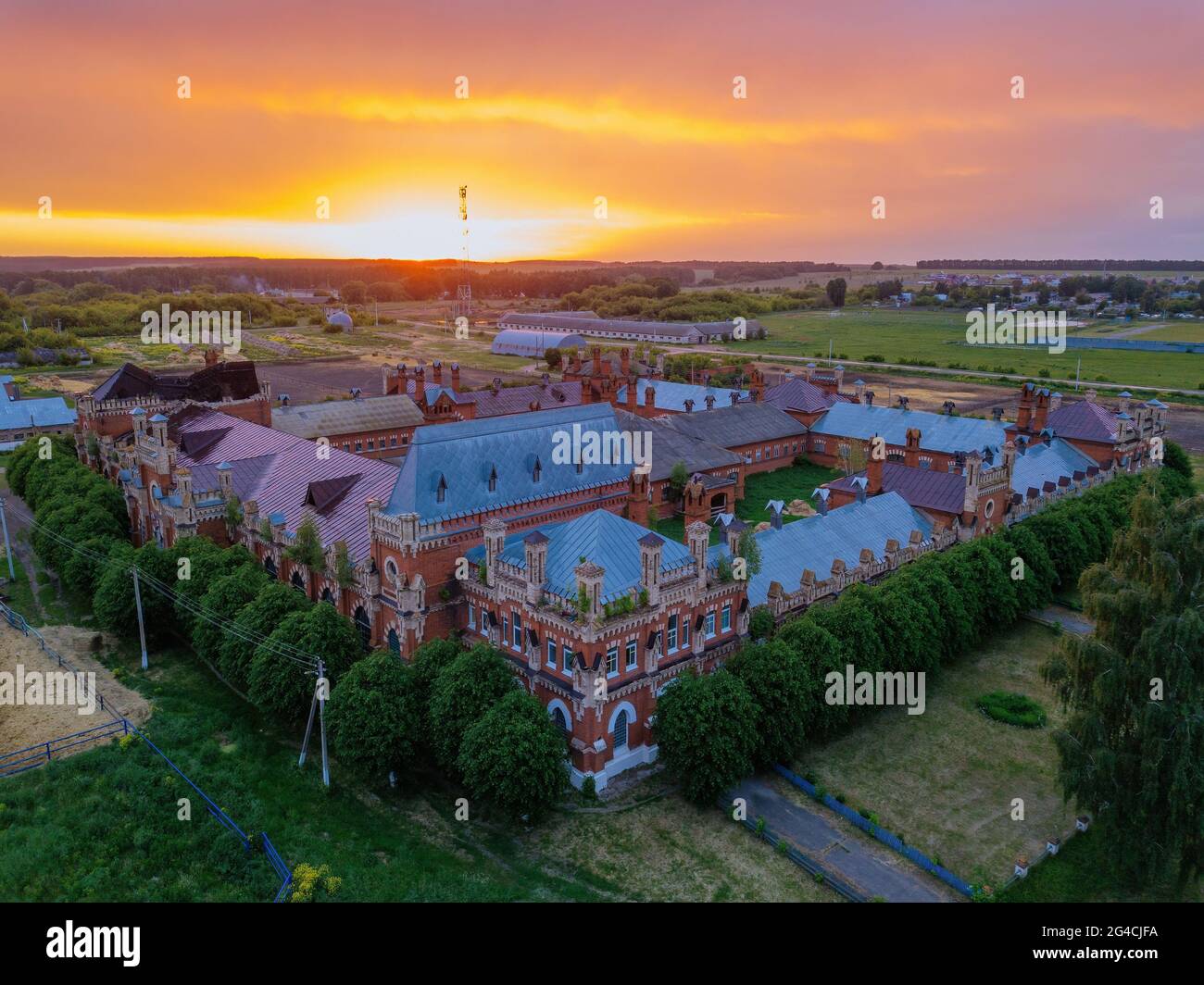Aerial view of historical horse stables and hippodrome in Starozhilovo ...