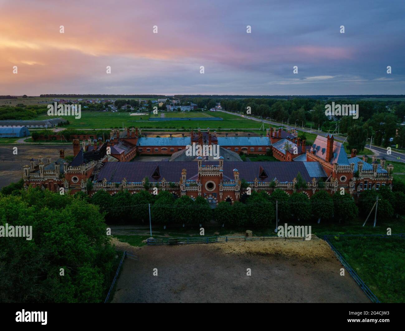 Aerial view of historical horse stables and hippodrome in Starozhilovo ...