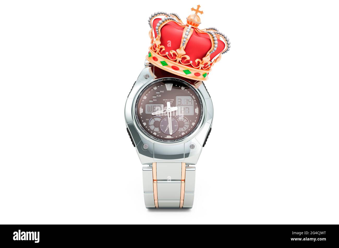 Analog digital watch with golden crown, 3D rendering isolated on white ...