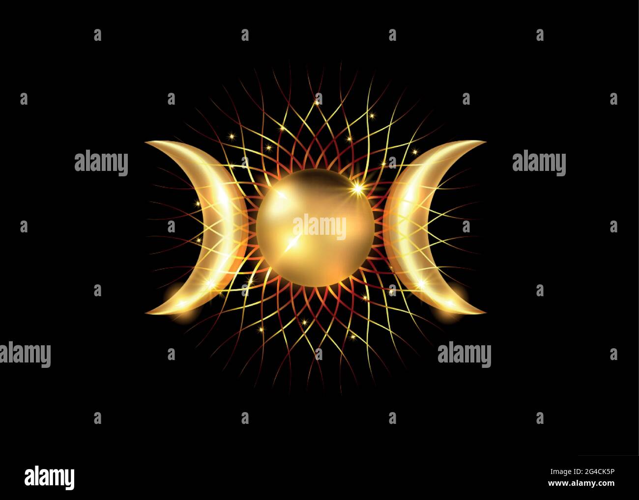 Gold Triple moon mystic icon Sacred Geometry Wicca sign, radial rays ...