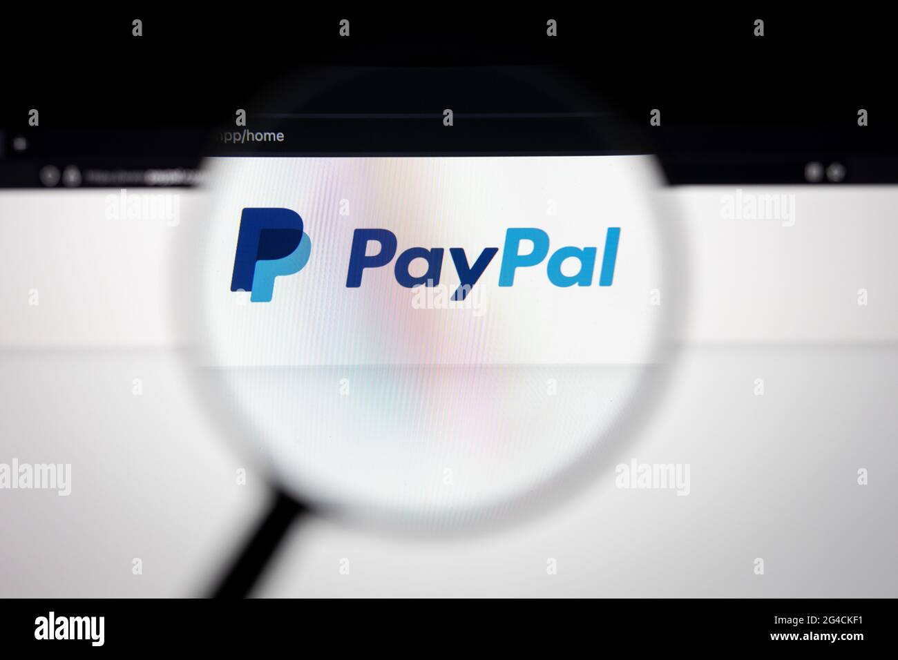 Paypal company logo on a website seen on a computer screen through a ...