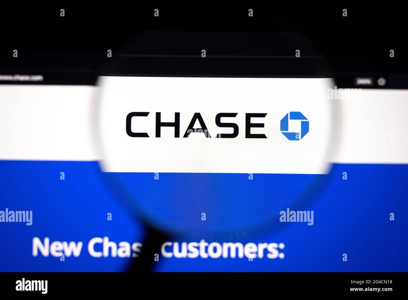 Chase company logo on a website, seen on a computer screen through a ...