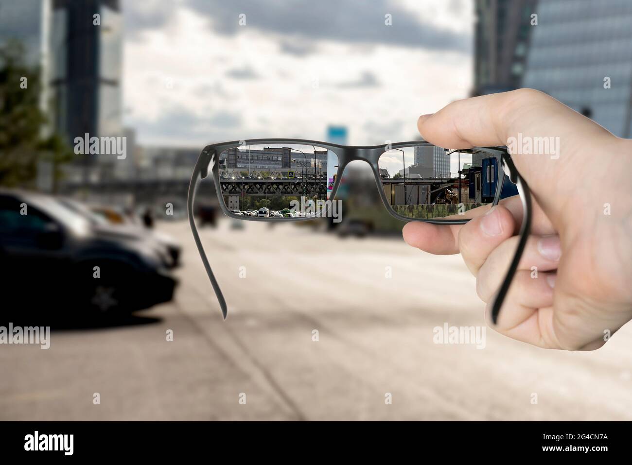 optical eyevision concept, frame of eyeglasses show focused image on ...