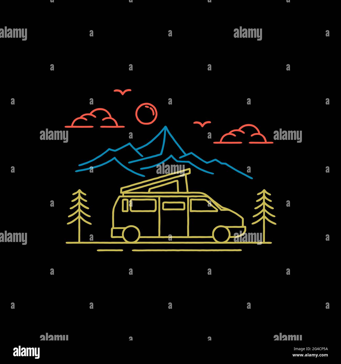 Line art Camper van logo, emblems and badges. camping tent and forest ...