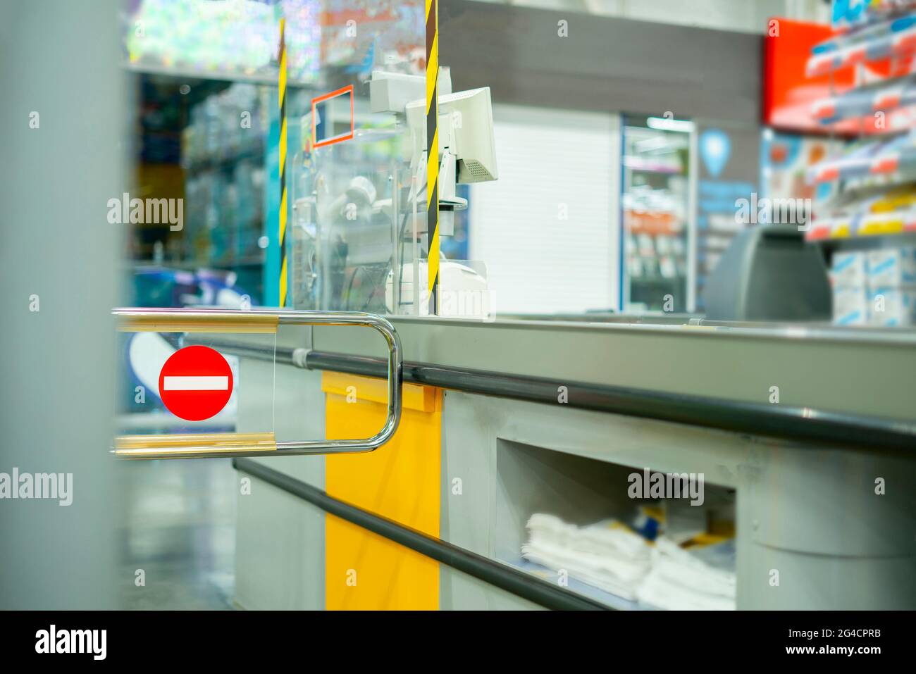 closed barrier, stop sign in the food grocery store supermarket ...
