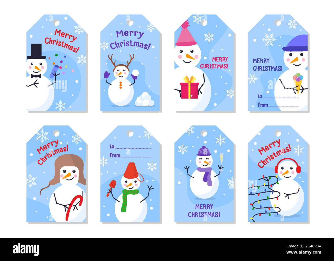Snowmen set of stickers on white isolated background. Each sticker has ...