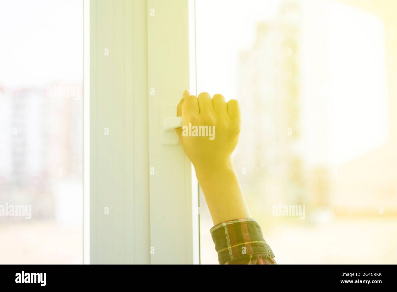 hand open window to get some fresh air inside the room Stock Photo - Alamy
