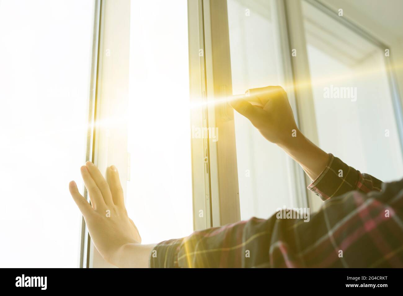 hand open window to get some fresh air inside the room Stock Photo - Alamy
