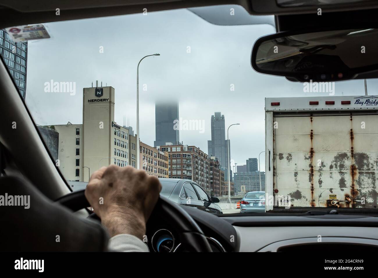 Driving through Chicago on Interstate 90 and a view of the Sears Tower ...