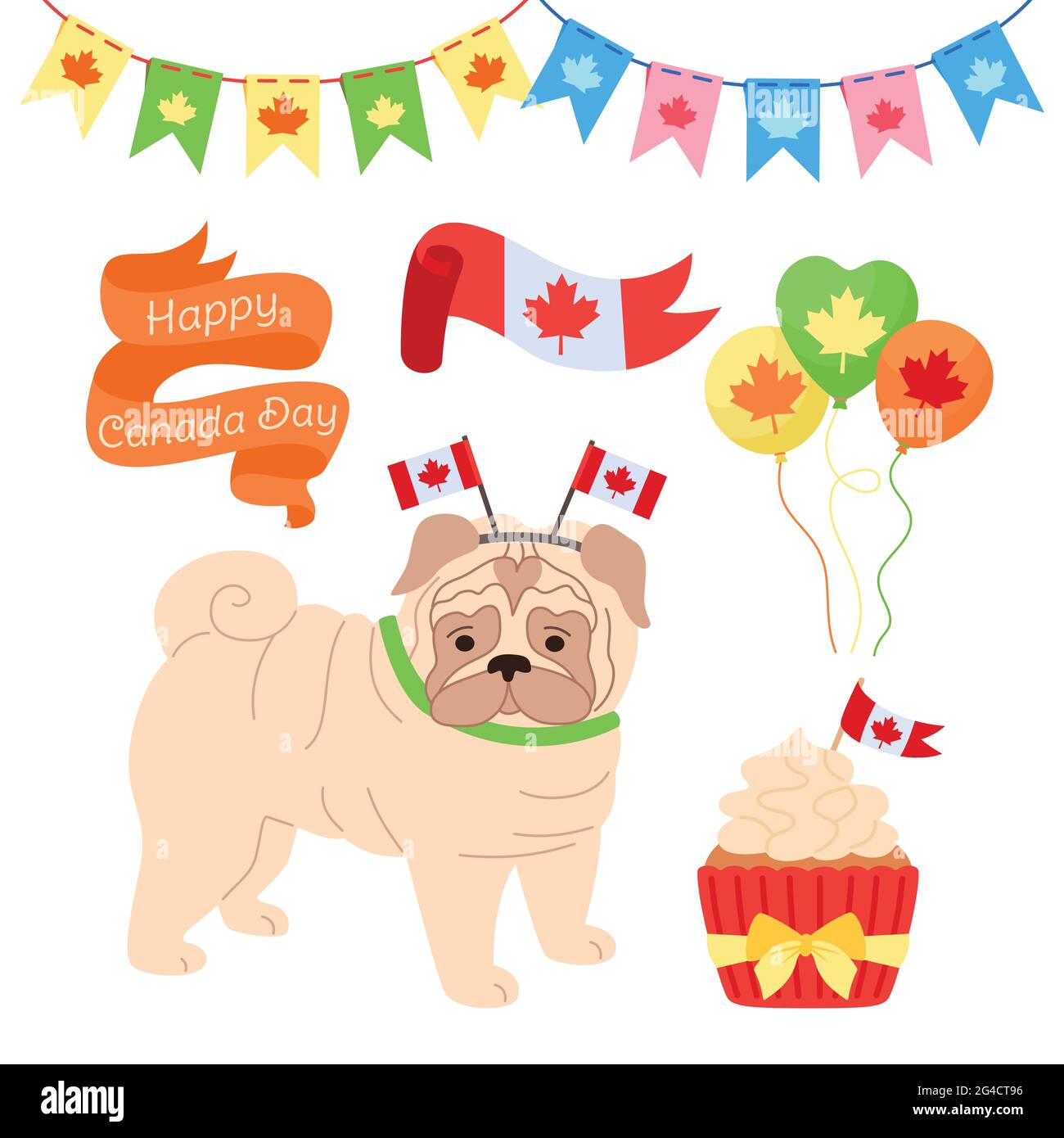 Canada Day cartoon set. Patriotic pet pug, balloon, glasses, garland ...