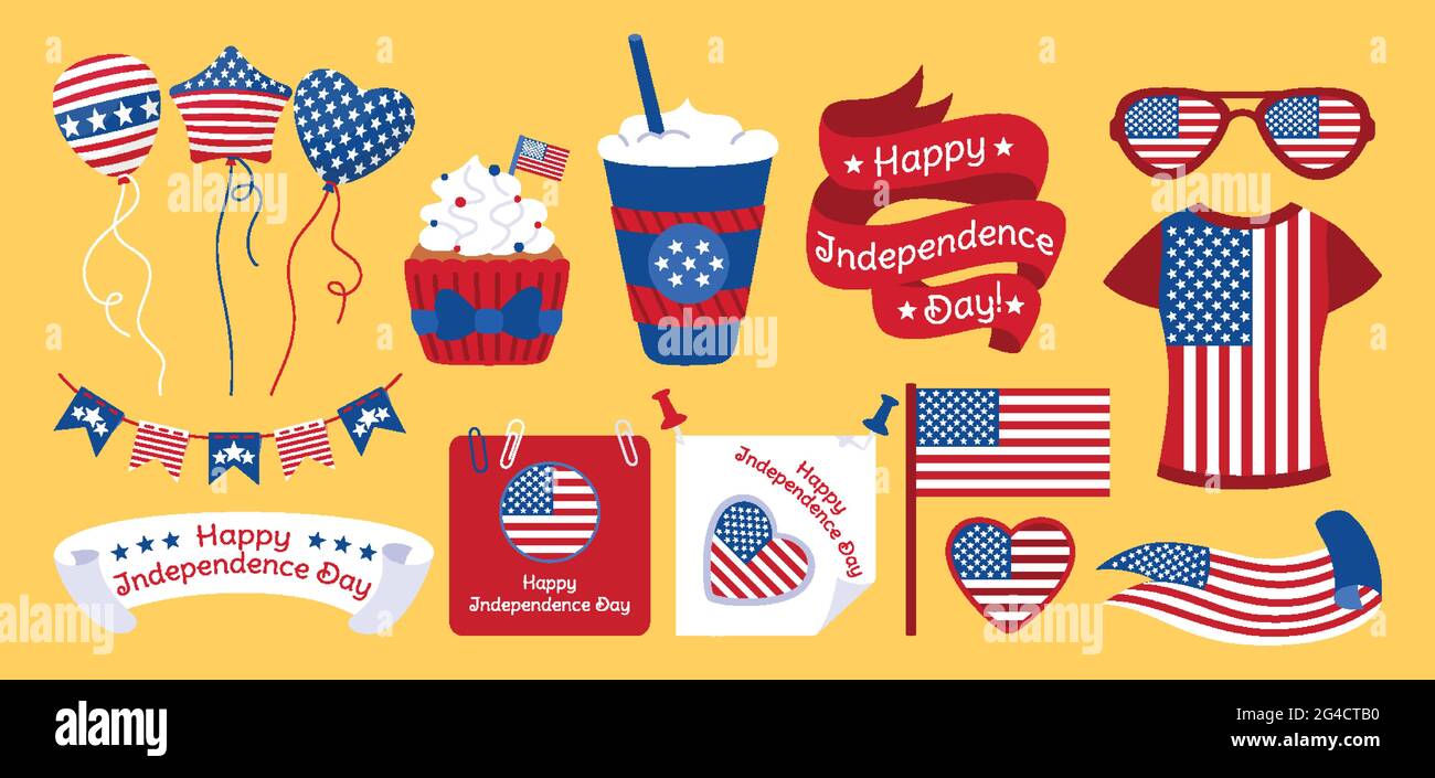 American Independence Day flat set. Flags ribbon, tshirt, pennant ...