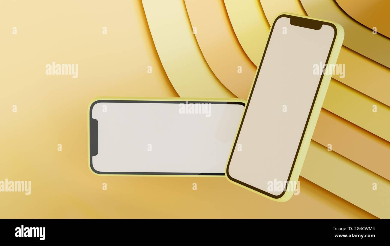 Two smartphones with mock-up screen flying on yellow abstract ...