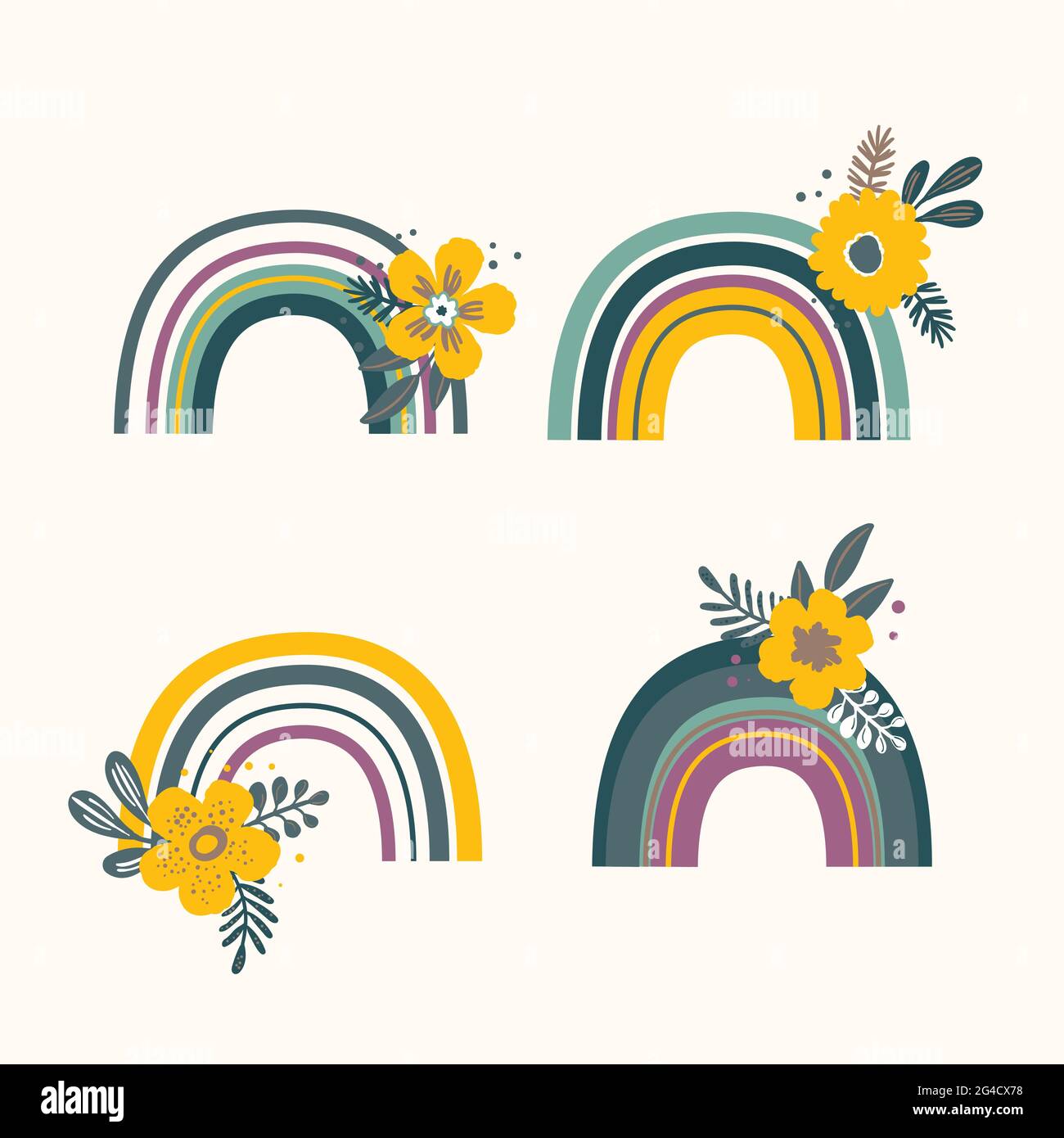 Trendy isolated colorful hand drawn rainbows with flowers. Design for ...