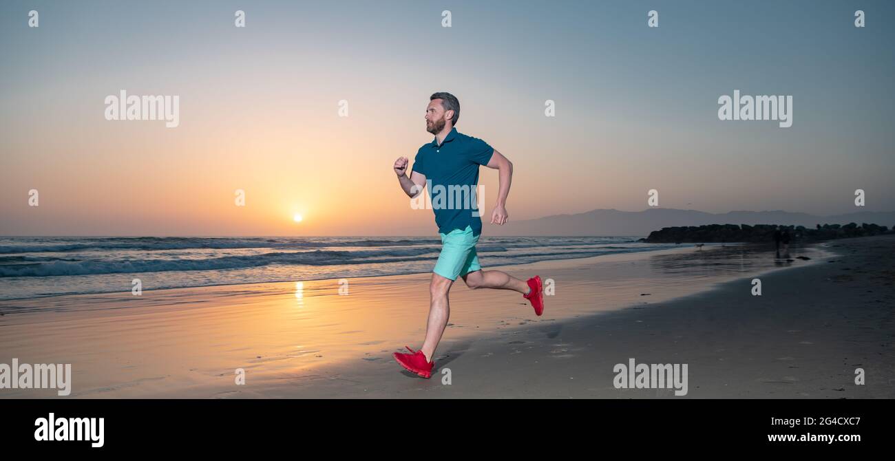 Sporty man runner running in summer sea. Healthy lifestyle concept. Fit ...