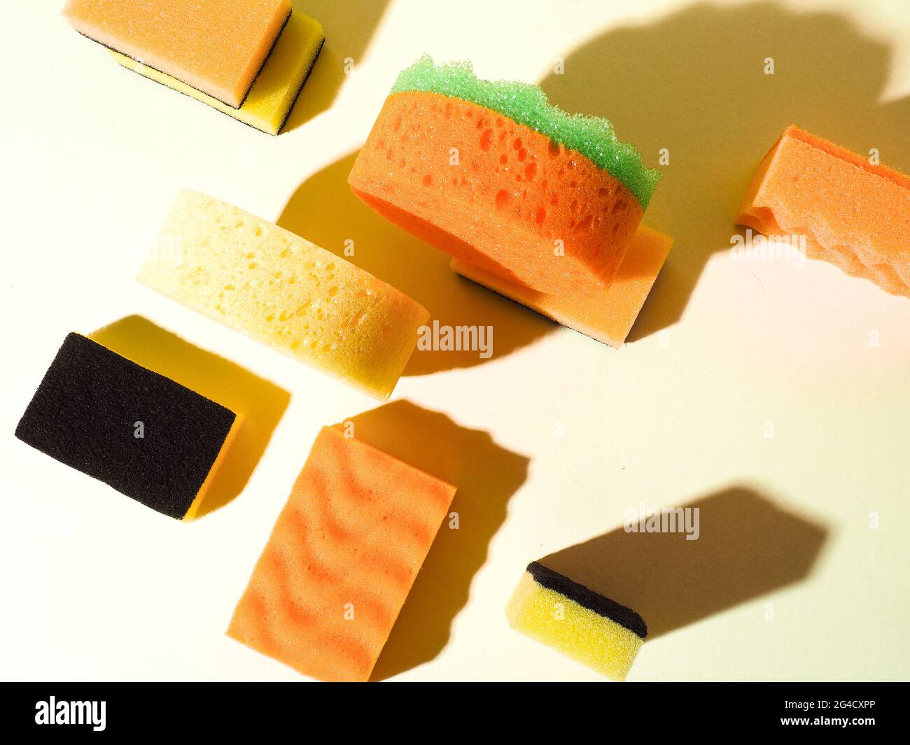 Top down view to foam rubber sponges in different shapes. Geometric ...