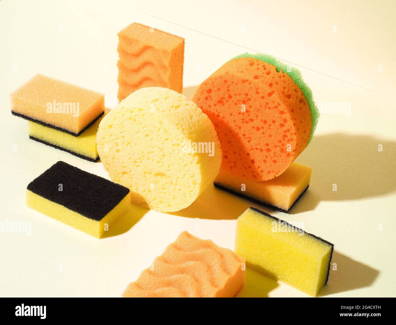 Geometric composition with foam rubber sponges. Photo an top down angle ...