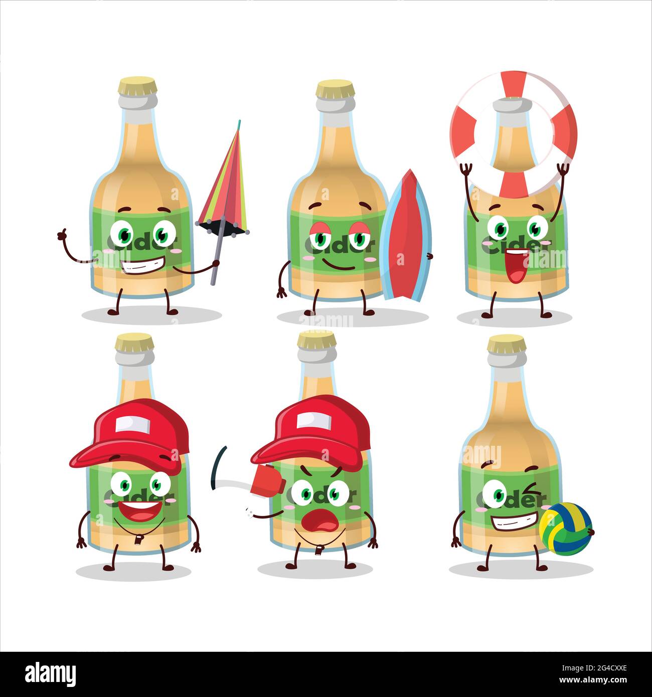 Happy Face cider bottle cartoon character playing on a beach. Vector ...