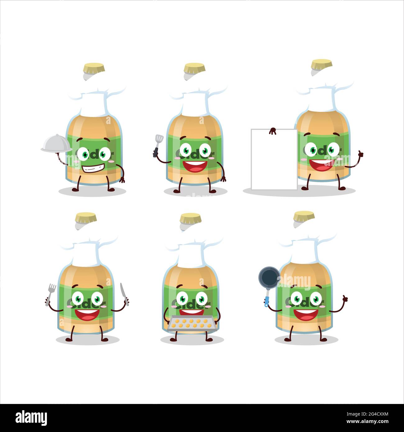 Cartoon character of cider bottle with various chef emoticons. Vector ...